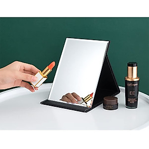 NAYSAYE Folding Travel Makeup Mirror, PU Portable Compact Vanity Desk Mirror with Stand, Large (8.5L x 6W)