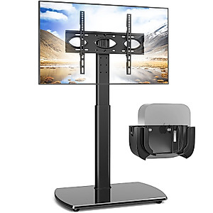 Rfiver Swivel TV Floor Stand with Mount for Apple TV/Roku Ultra, Universal for 32-65 Inch LCD LED Flat Screen, Height Adjustable TV Mount Stand with Shelf, Space Saving Corner TV Stand for Home Office
