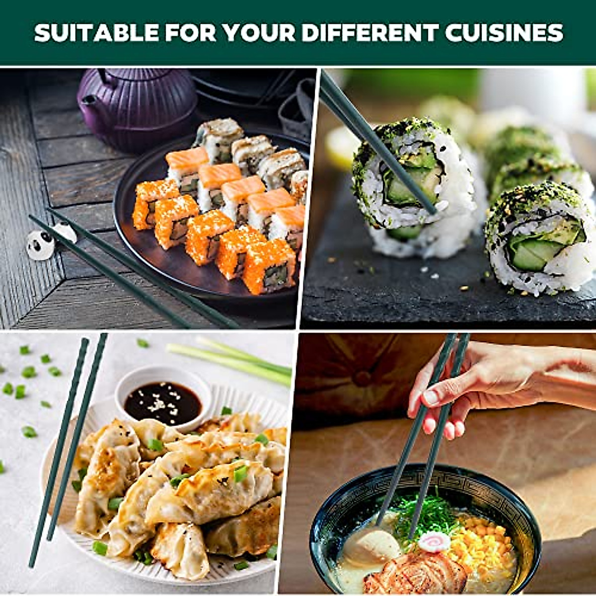 GROWORD 2 Pairs Reusable Panda Chopstick and Chopstick Rest Gift Set, Dishwasher Safe Chopsticks with Adorable Panda Rest and Red Gift Case,Non-slip Design & Easy to Use(Green）