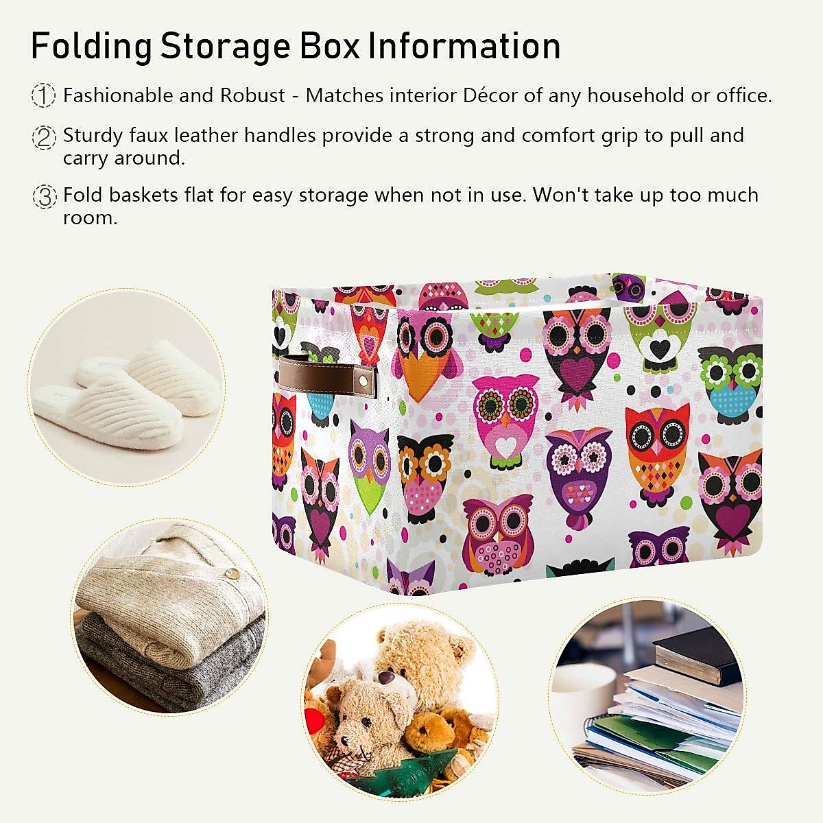 Rectangular Storage Bin Cute Owl Basket with Handles - Organizer Bin for Toys, Books, Laundry Basket for Kids/Pets, Playroom