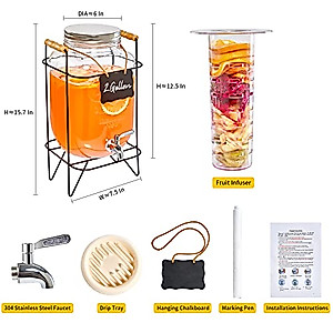Hanaiette 2 Gallon Glass Beverage Dispenser with Stand, Fruit Infuser,304 Stainless Steel Spigot and Lid, Parties Drink Dispensers Jar Suitable to Make Sun Tea, Cold Lemonade, Kombucha et