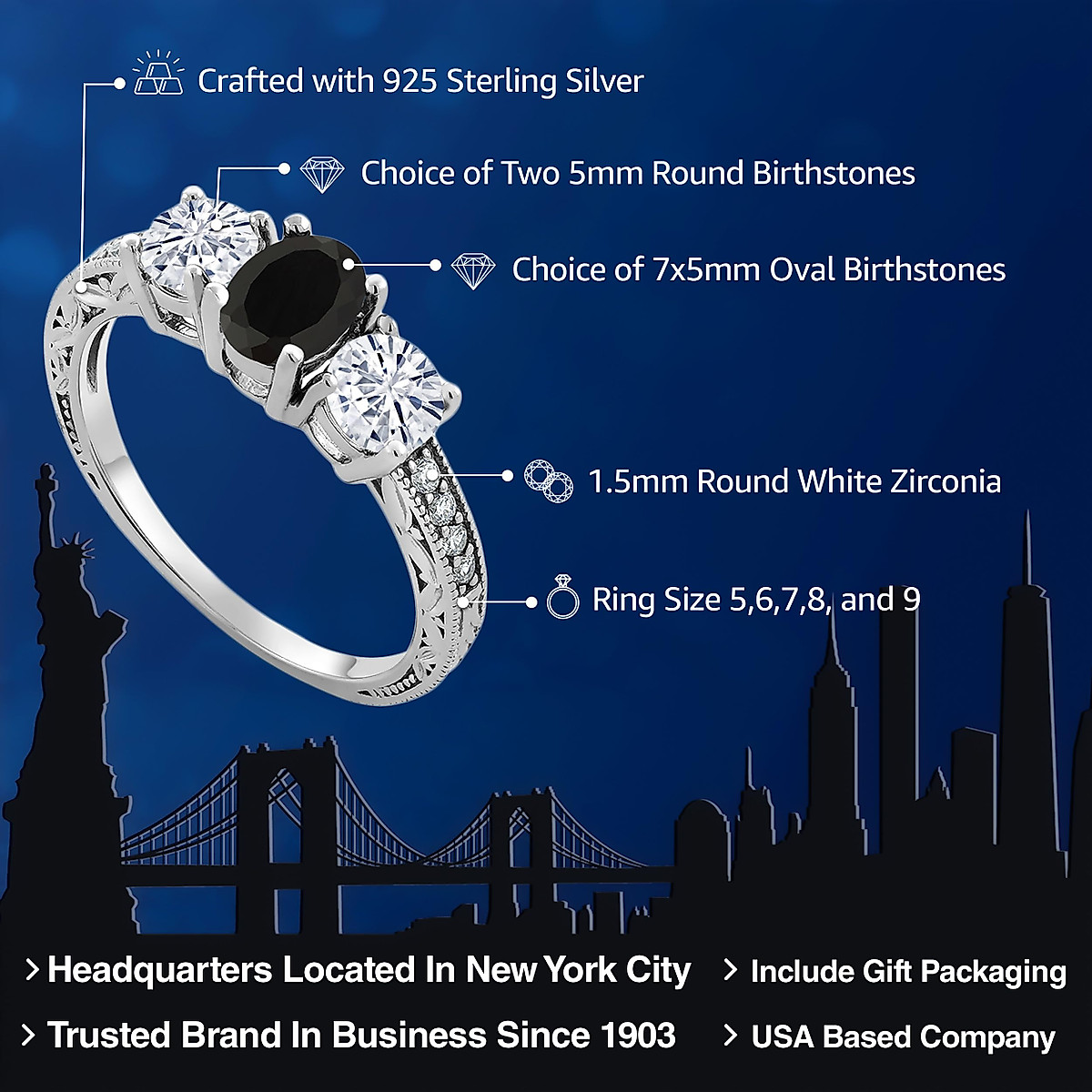 Gem Stone King 925 Sterling Silver Customized Personalized 3 Gemstone Birthstone For Her 3-Stone Engagement Ring For Women (2.61 Cttw, Available In Size 5, 6, 7, 8, 9)