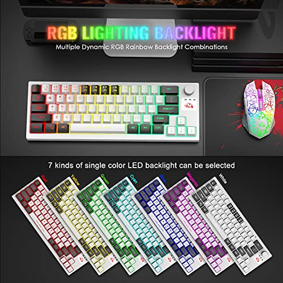 FELICON Small Wireles Gaming Keyboard and Mouse Combo, Rechargeable RGB Backlit 64 Keys Mini Double Color Keyboard and Crack Light Up Mouse, Mouse Pad for PC, MAC, Gamer