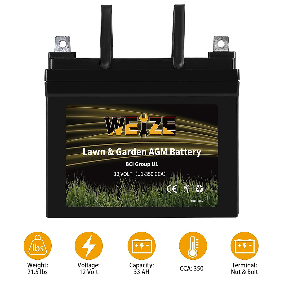 WEIZE Lawn & Garden AGM Battery, 12V 350CCA BCI Group U1 SLA Starting Battery for Lawn, Tractors and Mowers, Compatible with John Deere, Toro, Cub Cadet, and Craftsman