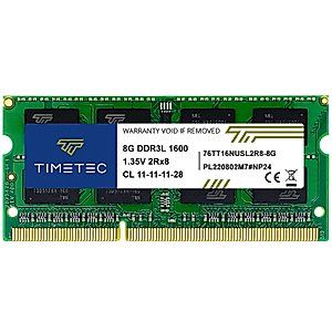 Timetec 8GB DDR3L / DDR3 1600MHz (DDR3L-1600) PC3L-12800 / PC3-12800(PC3L-12800S) Non-ECC Unbuffered 1.35V/1.5V CL11 2Rx8 Dual Rank 204 Pin SODIMM Laptop Notebook PC Computer Memory RAM Module Upgrade