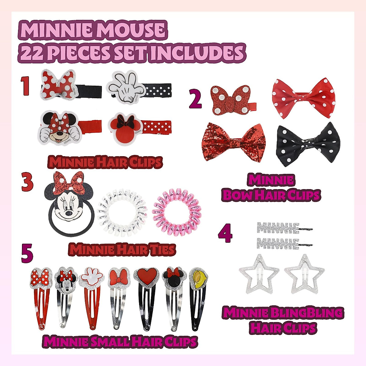 Disney Minnie Mouse Hair Accessories Set for Kids, Perfect for Parties, Sleepovers and Makeovers, Ages 3+, By Townley Girl