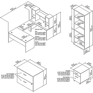 Bush Furniture Commerce 60W U Shaped Desk with Hutch, File Cabinets and Bookcase in Cocoa and Pewter
