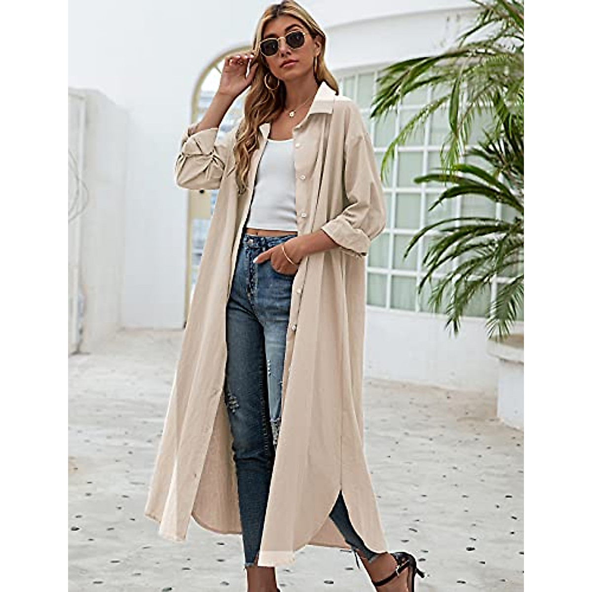 Sopliagon Women Cotton and Linen Shirt Dress Casual Loose Maxi Dresses Apricot XL