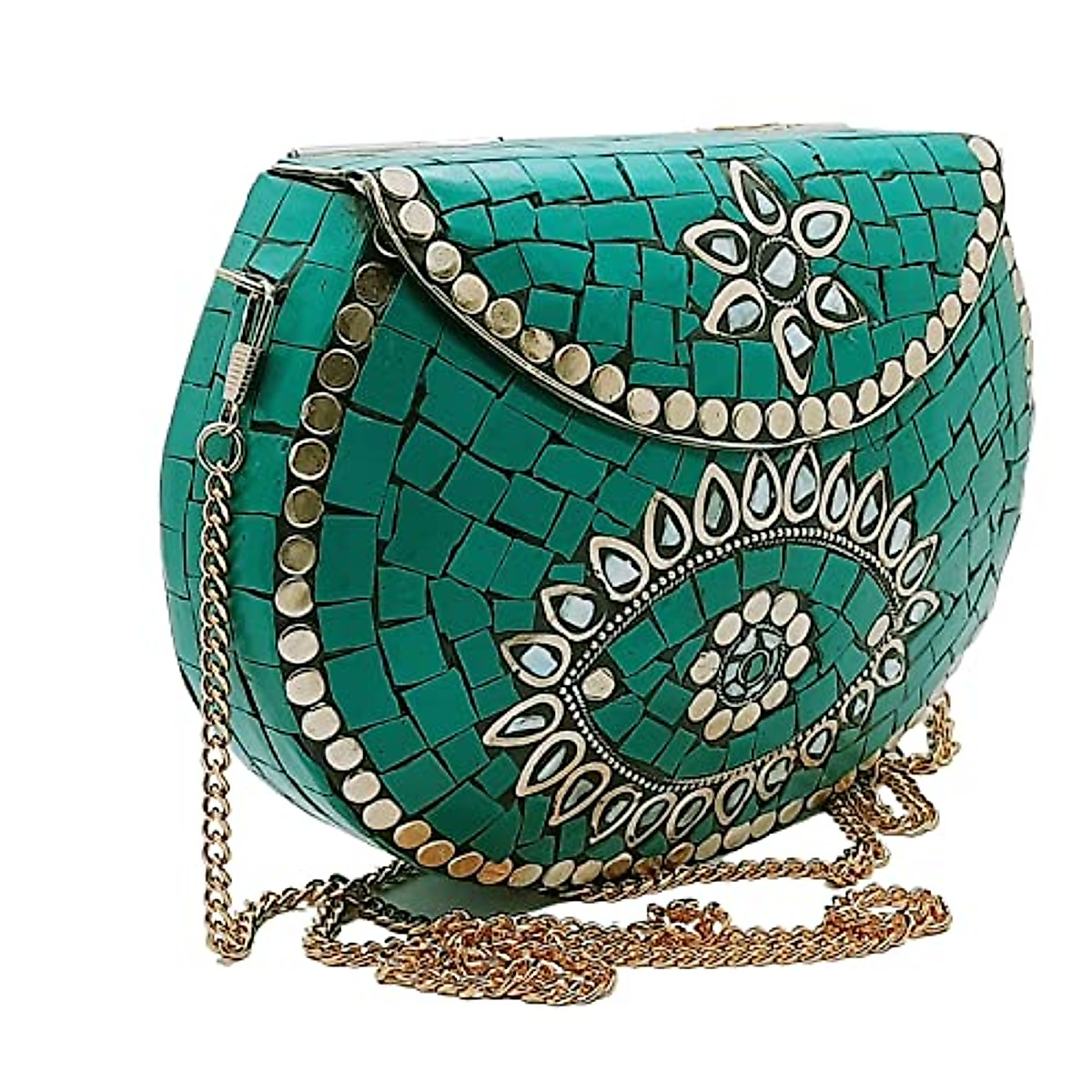 Trend Overseas Ethnic Antique Indian Handmade Mosaic Stone Chip Bag Bridal Clutch, Green, M