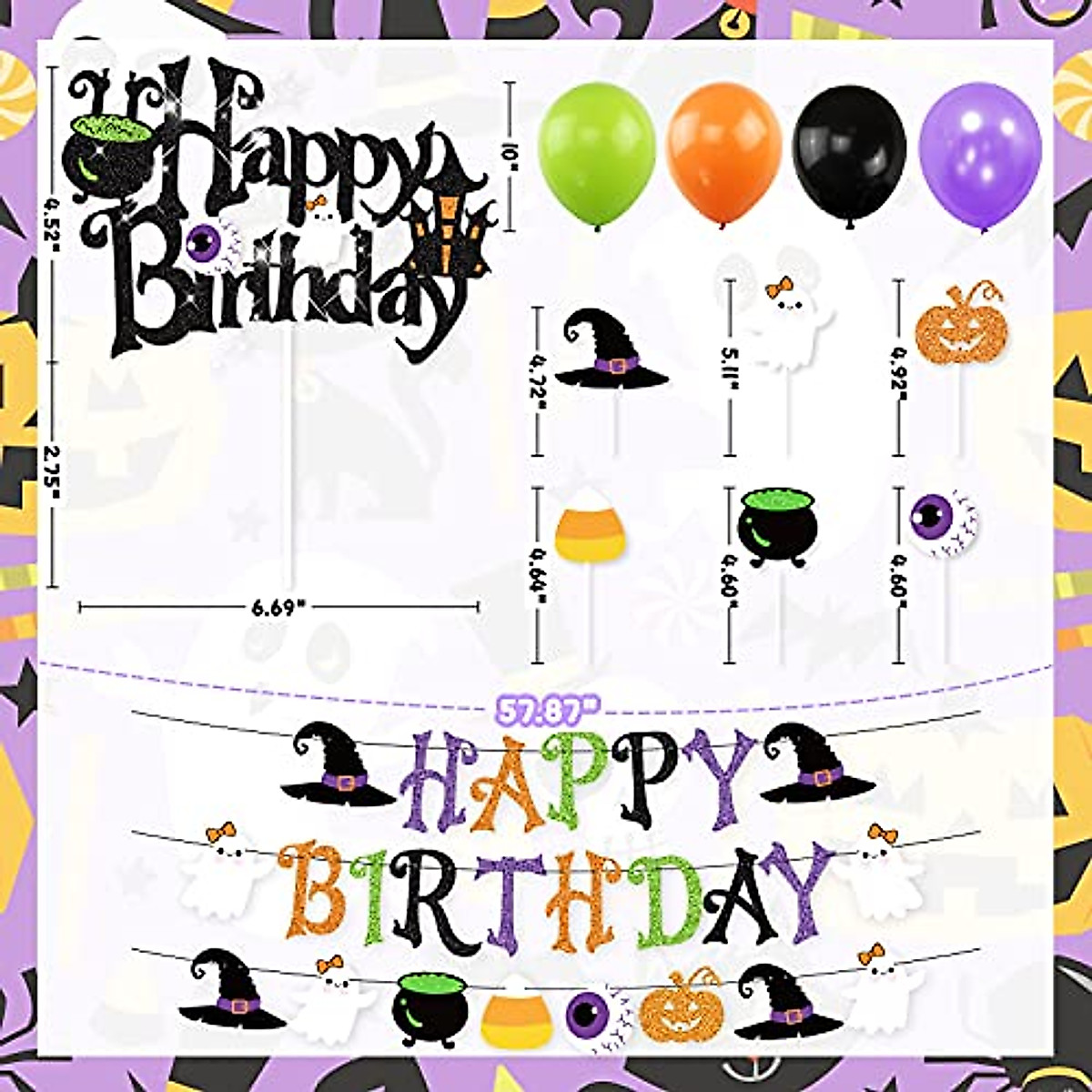 Halloween Birthday Party Decorations, Halloween Happy Birthday Banner Garland Halloween Cake Topper Latex Balloons Set for Halloween Birthday Party Supplies Baby Shower Halloween Bar Home Decor