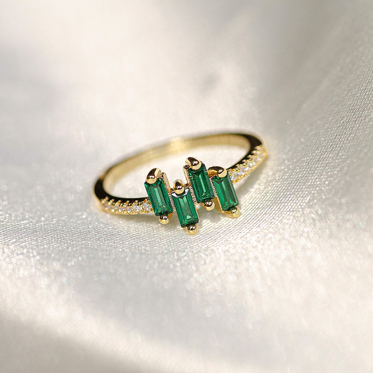 LAVLA 14k Gold Plated Baguette Green/Blue/Red Cubic Zirconia Half Eternity Stackable Ring | 1.5mm Thin Minimalist Simulated Diamond Band for Women (Green, 6)