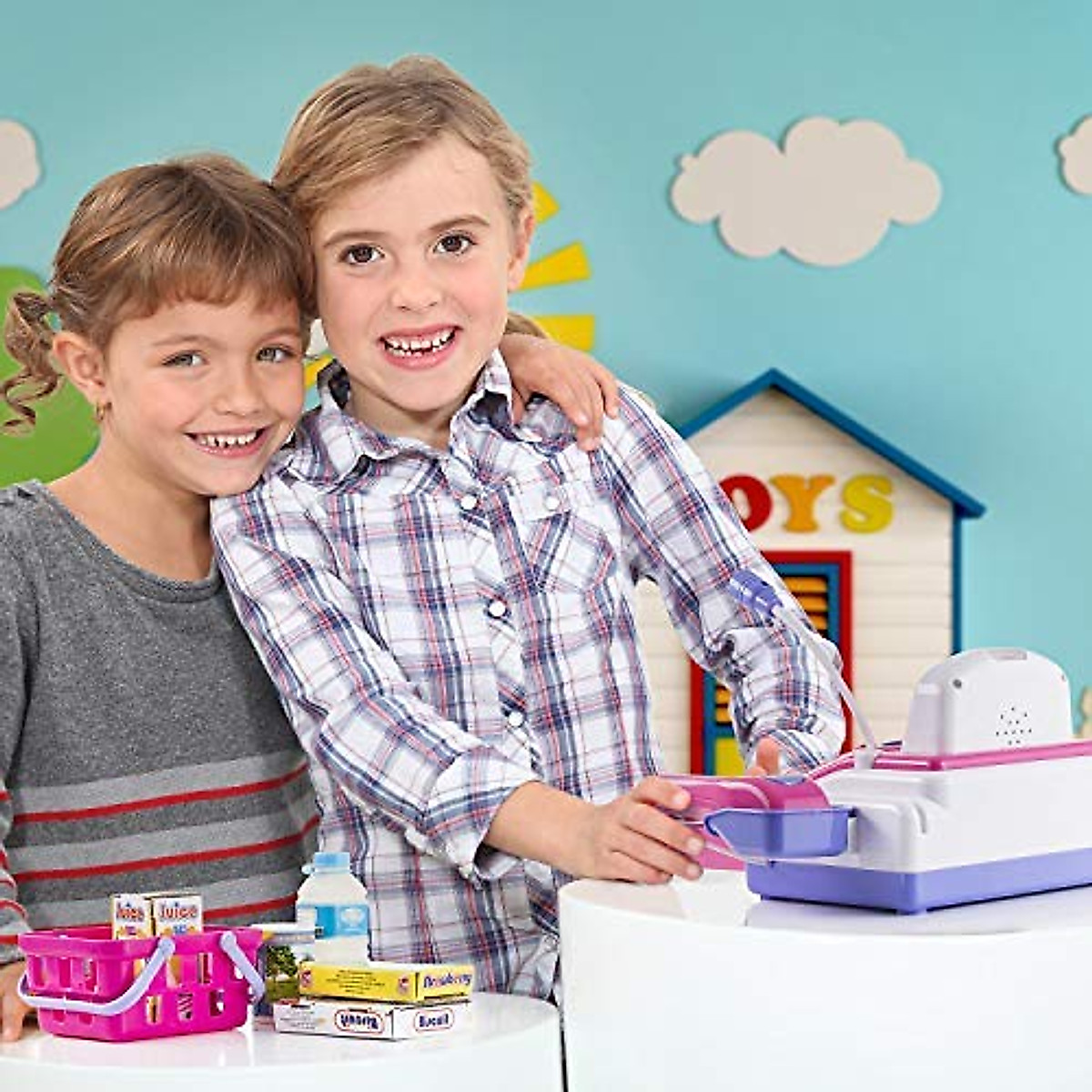 Prextex Grocery Store Pretend Play Electronic Toy Kids Cash Register Set - STEM Cash Register for Kids with Microphone, Play Money, and Food Basket - Kids Checkout Register with Scanner- Pink