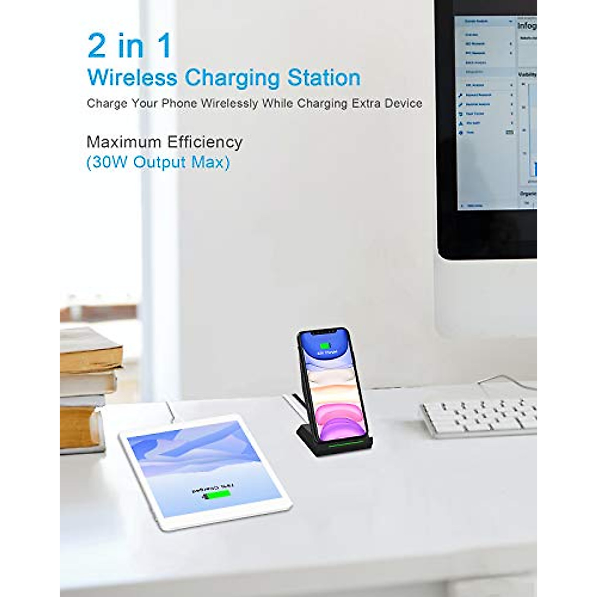 NANAMI 30W Max Wireless Charger, Qi Certified Fast Charging Stand With USB-A Port,Compatible iPhone 14/13/12/11 Pro/XS Max/XR, Galaxy S23/S22/S21/S20/S10/S9,Note 20/10/9(with PD Adapter Phone Charger)