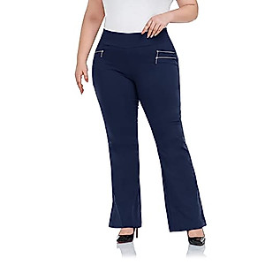 Inno Plus Size Dress Pants Women Bootcut Dress Pants Stretchy High Waisted Pull-on Slacks with Zipper Pockets Business Casual Work, Navy, XXL, 28" Inseam