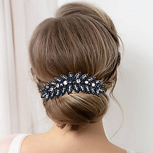 Lawie 4 Pack Luxury Jeweled Gems Crystal Rhinestone Sparkly Glitter Flower Leaf Black Plastic Side French Twist Hair Combs Long Teeth Slide Hairpins Barrettes Bun Chignon Clips Holder for Women Girl