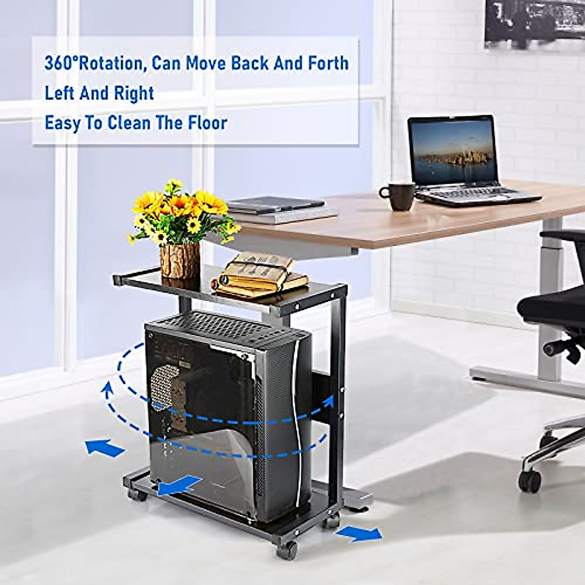 Liitrton Computer Tower Stand, PC Stand 2-Tier CPU Stand with Lockable Wheels Under Desk Fits Most PC (Black Iron Frame)