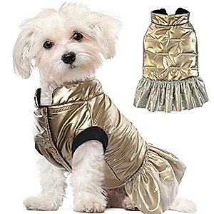 T'CHAQUE Warm Dog Winter Coat Dress Waterproof Puppy Clothes, Stylish Dog Dress Holiday Costume for Small Medium Dogs Girl, Cozy Pet Clothing Party Dresses Cold-Weather Dog Coats with Leash Hole