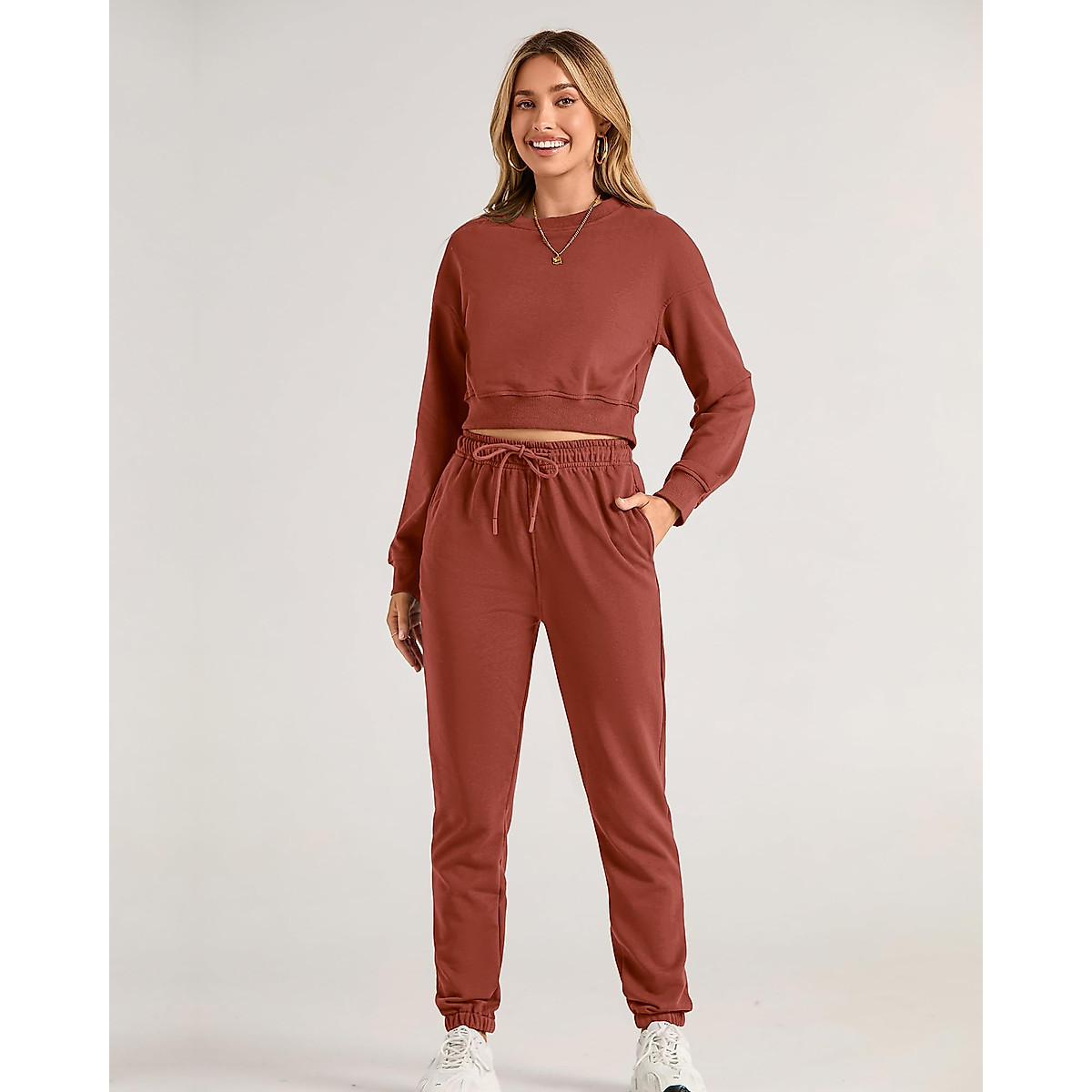 BTFBM Women 2 Piece Outfits Long Sleeve Crop Top Pullover Drawstring Pant Jogger Set Casual Sweatsuits Tracksuit Pockets(Solid Brick Red, X-Large)