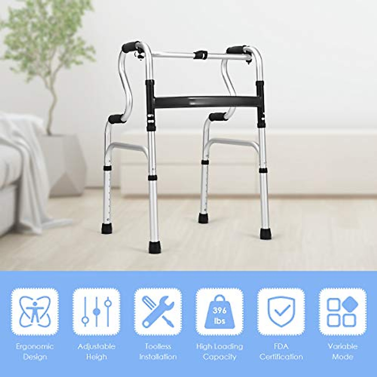 Goplus 3-in-1 Stand-Assist Folding Walker, 400LBS FDA Certification Heavy Duty Walking Mobility Aid, Can be Used as Toilet Safety Rail, Height Adjustable Narrow Drive Walkers for Seniors Elderly Adult