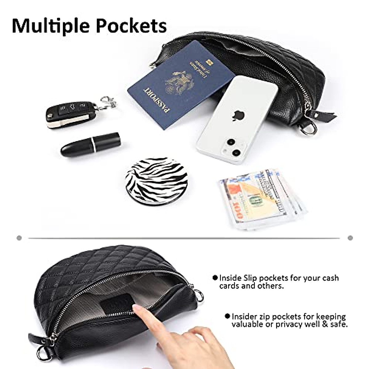 befen Small Quilted Leather Fanny Packs for Women, Cross Body Fanny Pack Belt Bag for Women Casual Look - Diamond Quilted Black