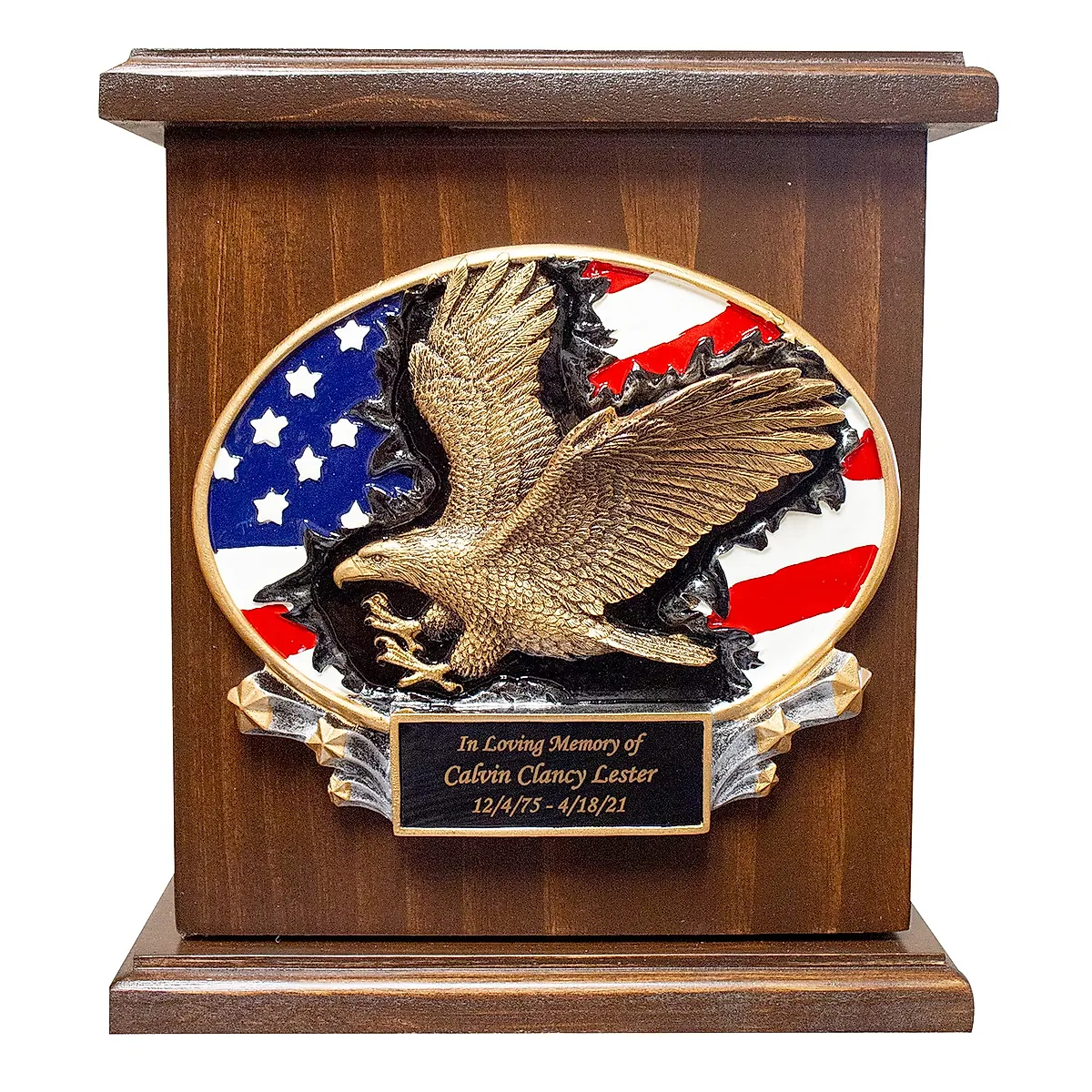 American Flag and Eagle Custom Engraved Large Wooden Cremation Urn