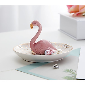 Luxury Porcelain Adorable Flamingos Jewelry Ring Holder - Ceramic Display - Rack Jewelry Dish Organizer – Perfect for Hold Rings - Chain Bracelets Earrings Trays Dish, Grid Disk-Pink