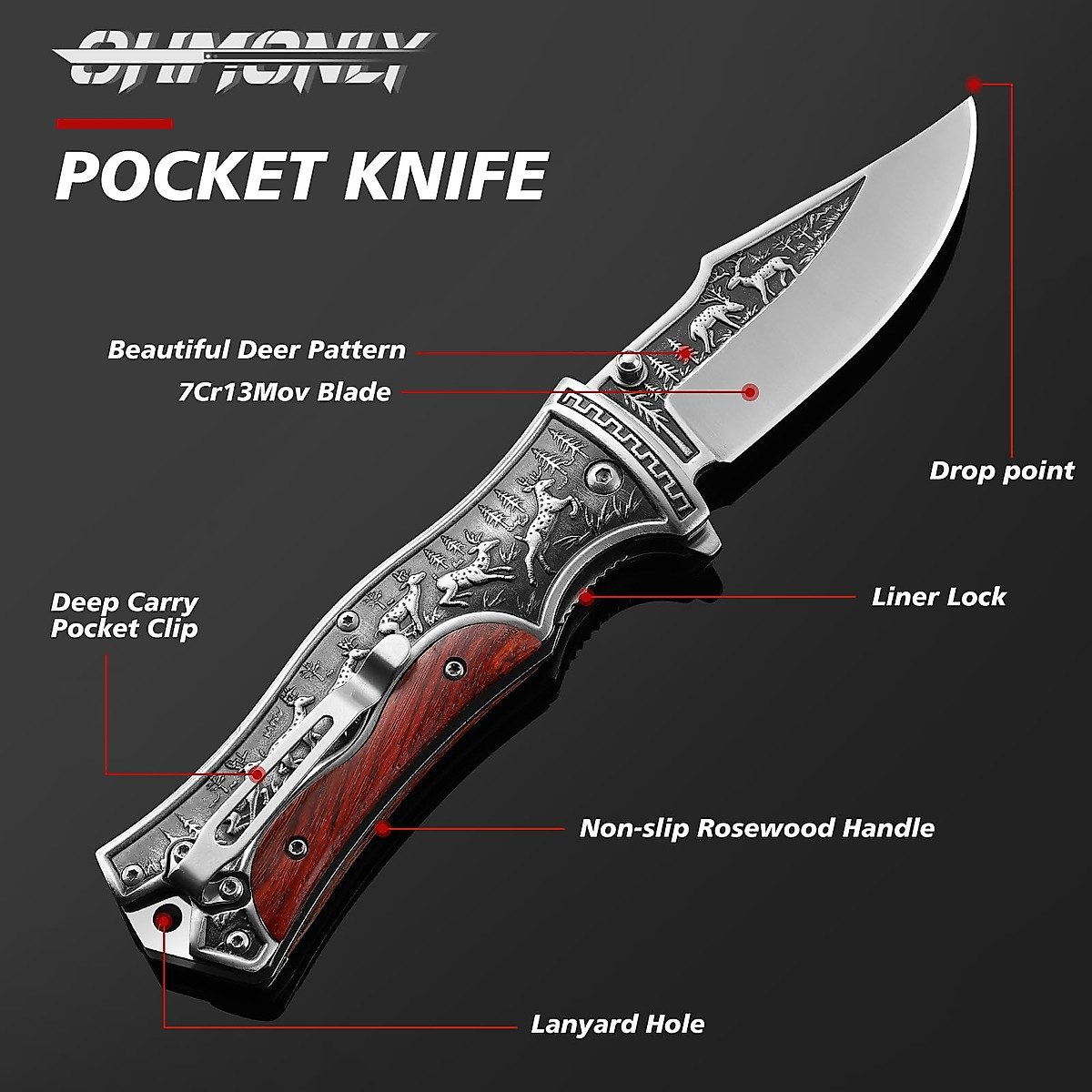 ohmonlyhoo Folding Knife,3.7 inch Pocket Knife with Deer Pattern Rosewood Handle,EDC Knife with Pocket Clip and 7Cr13Mov Blade, for Men and Women, for Outdoor