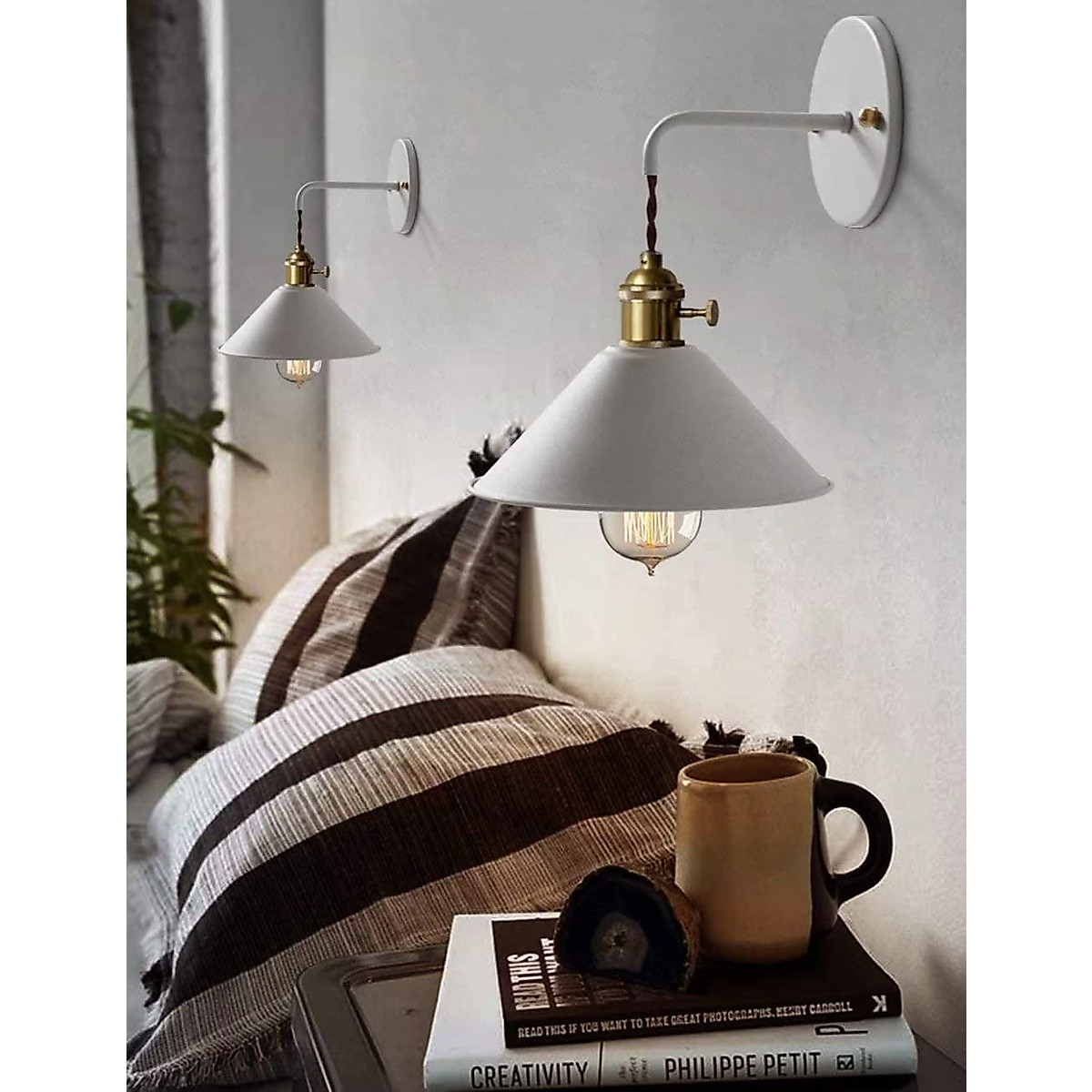 White Plug in Wall Sconces Set of Two,Wall lamp with Plug in Cord of 2 for Bedroom Hanging Wall Lights E26 Edison Brass lamp Holder with Frosted Paint Body Bedside lamp