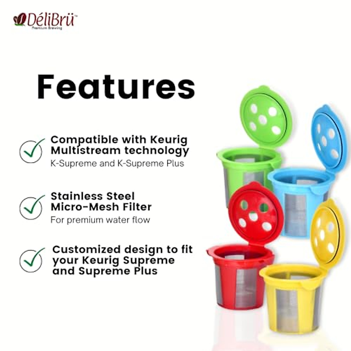 DeliBru Reusable K Cups for Keurig Supreme and K Supreme Coffee Maker - Pack of 4 [Red, Yellow, Green, Blue]