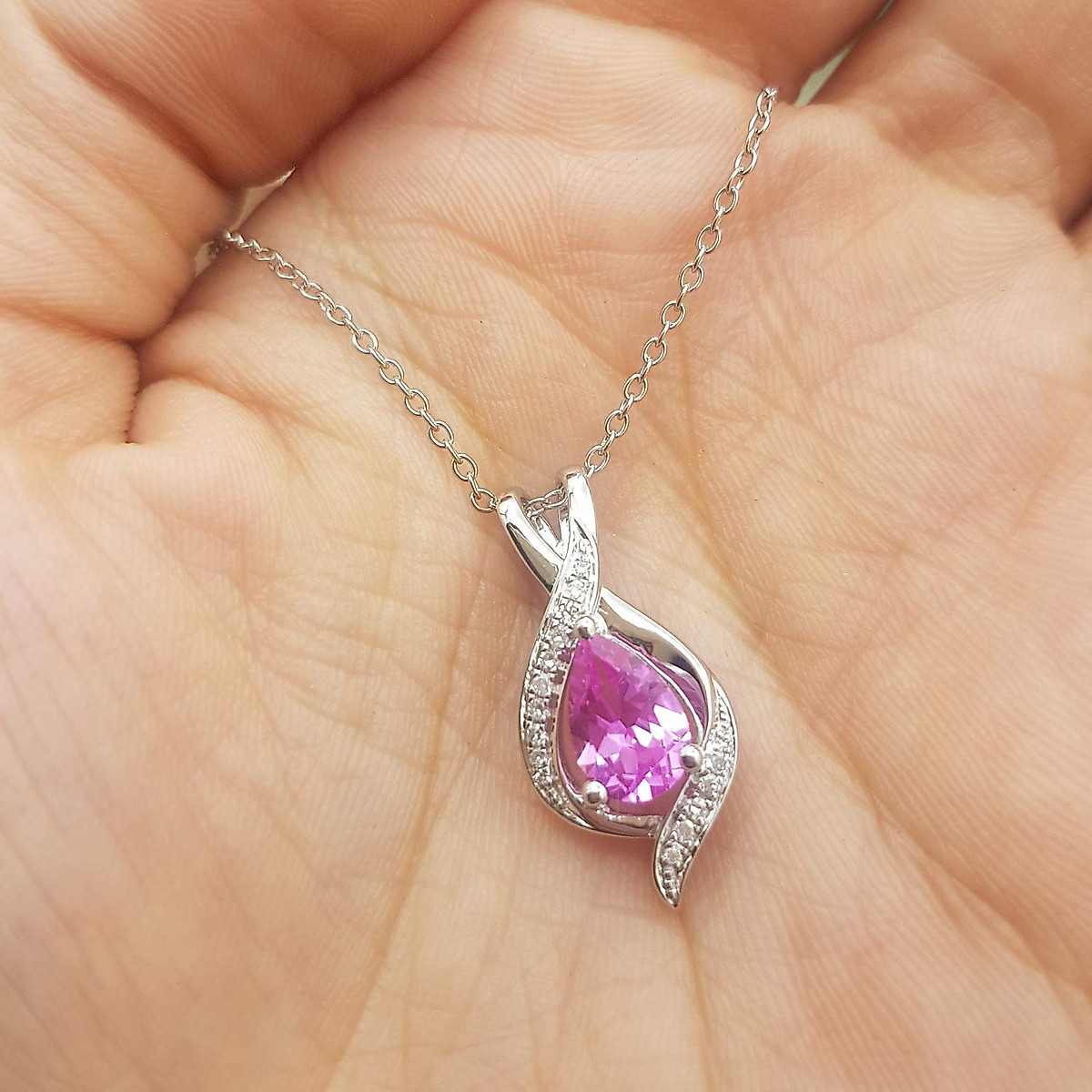 Dazzlingrock Collection 9x6 mm Pear Lab Created Pink Sapphire & Round White Diamond Swirl Teardrop Pendant with 18 inch Silver Chain for Women in 14K White Gold