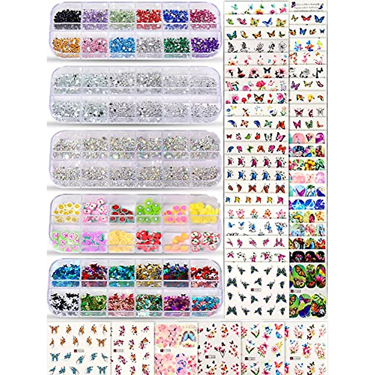 Spearlcable Nail Art Decoration Kit,48 Sheets Nail Stickers Crystal Rhinestones Set 3D Holographic Butterfly Glitter Fruit Nail Art Slices Iridescent Nail Sequins for Acrylic Nail Art