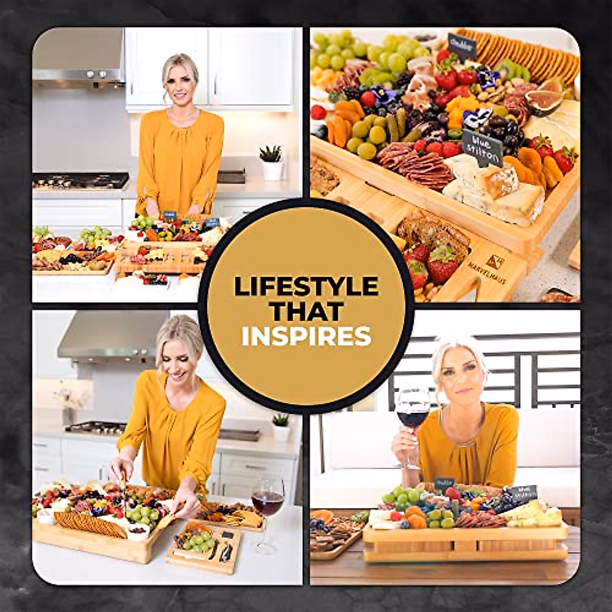 MARVELHAUS Large Cheese Board Set with 21 Accessories - Swivel Design Bamboo Charcuterie Board and Cheese Platter - Kitchen Gadgets, Apartment Essentials, Cheese Boards Charcuterie Boards