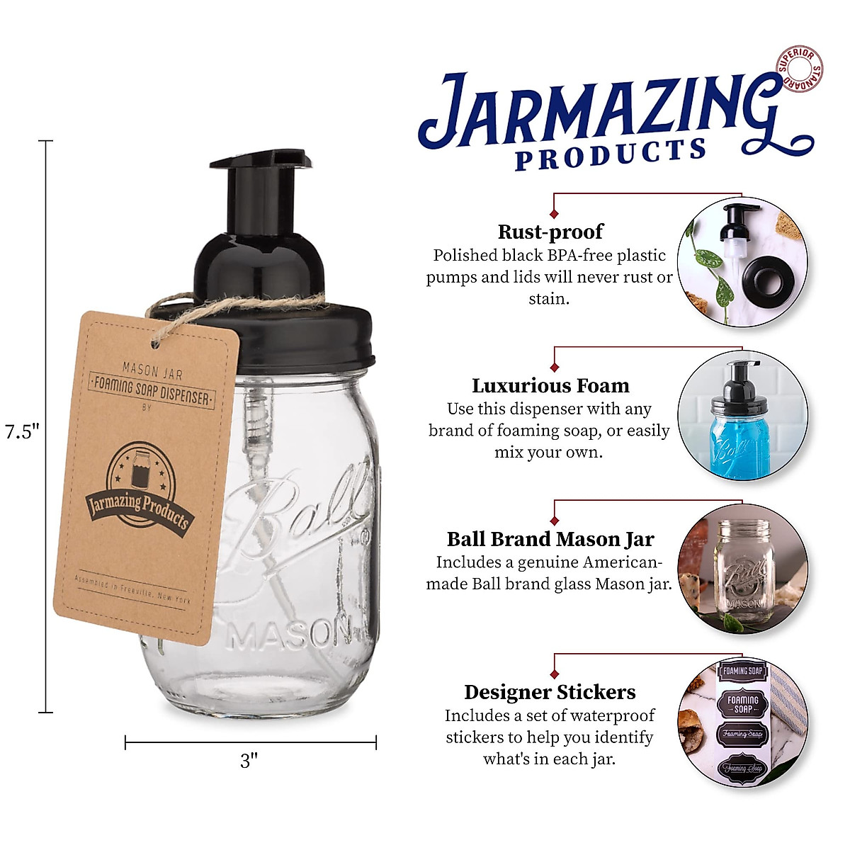 Jarmazing Products Mason Jar Foaming Soap Dispenser - Black - with 16 Ounce Ball Mason Jar - Two Pack!