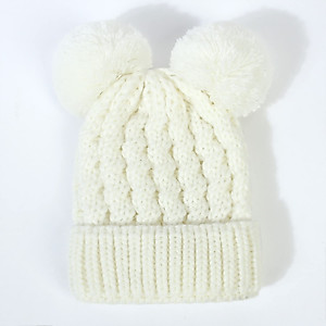 MOK Baby Beanie for Girls Cable Knit Winter Hat with Double Pom Pom Skull Hats