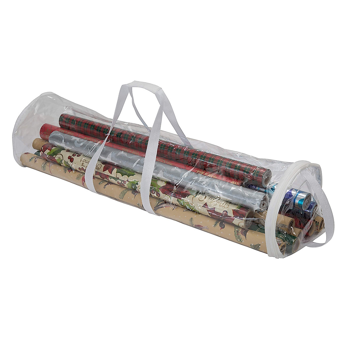 Simplify Clear Gift Wrap Storage Bag | Holds 30" Long Wrapping Paper Rolls | Clear | Zipper Closure | Easy Storage | Holiday Storage | Easy Carry Hangers