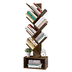 Yoobure Tree Bookshelf - 6 Shelf Retro Floor Standing Bookcase, Tall Wood Book Storage Rack for CDs/Movies/Books, Utility Book Organizer Shelves for Bedroom, Living Room, Home Office, Rustic Brown