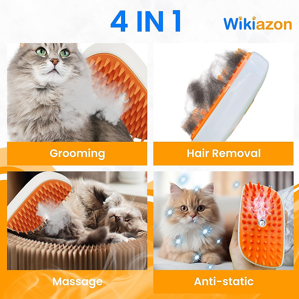 WIKIAZON 4 In 1 Cat Steam Brush, Easy Cleaning, Anti Static Shedding Spray Comb, Hair Removal, Misting Indoor Steamy Grooming Brush for Dog & Pet, Water Spritz Defur with Cloud & Pet Care (Orange Pro)