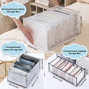 KesaPlan 3Pcs Wardrobe Clothes Organizer, 7/7/9 Grids Visible Foldable Closet Organizers, Compartment Storage Box with Mesh Separation, Washable Drawer Dividers Organizers (Pants+T-Shirt+Legging)