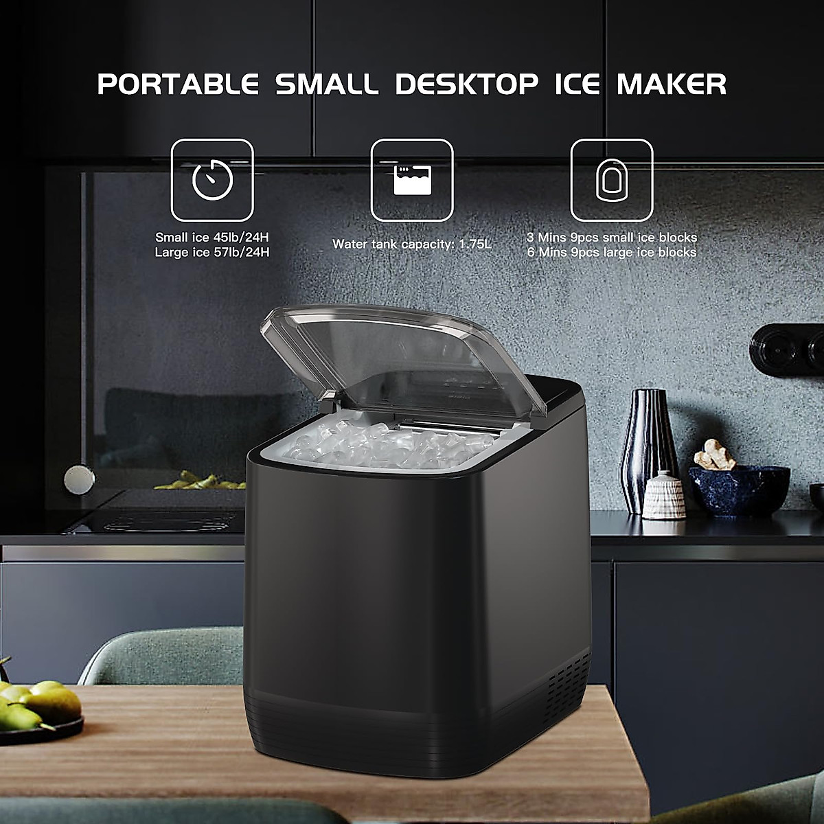 Ice Maker Countertop with Self-Cleaning, Bullet Ice Fast Making in 3.5 Mins, Compact Ice Machine with Ice Scoop/Basket, Perfect for Home Kitchen Party Camping Bar Office Outdoor RV