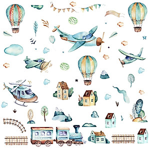 RW-KSY2 Green Airplane Hot Air Balloons Wall Decals House Tree Train Road Wall Stickers DIY Removable Countryside View Mountain Stars Cloud Decor for Kids Teens Bedroom Living Room Nursery Decoration