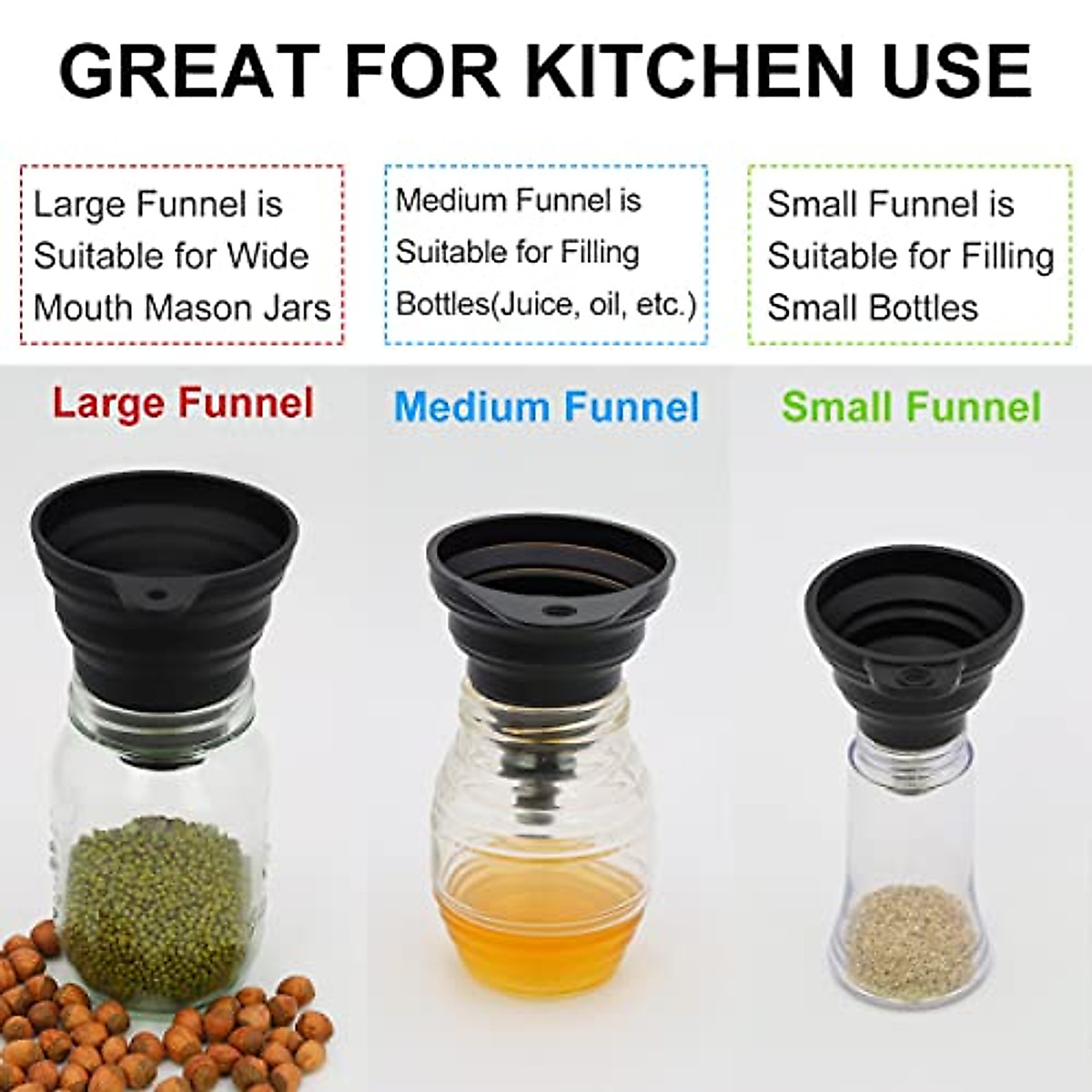 3 Sizes of Kitchen Funnel Set, Food Grade Funnels for Filling Bottles, Premium Silicone Collapsible Funnel for Transferring Liquid, Powder Transfer, Large Wide Mouth Canning Funnel, Small Funnel