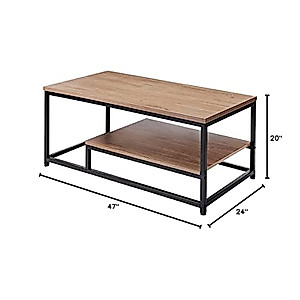 Coral Flower Metal Frame Coffee Table with Large Shelve Space, Light oak