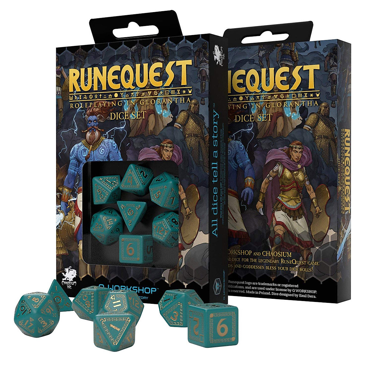 Q WORKSHOP RuneQuest RPG Dice Set 7 Polyhedral Pieces (Turquoise & Gold)