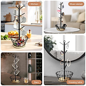 simesove Drying Storage Rack Holder Home Storage Mug Hooks Multipurpose Display Stand Metal Tree Shape Mug Coffee Cups Stand with 8 Hooks-Bamboo Base with Coffee Basket