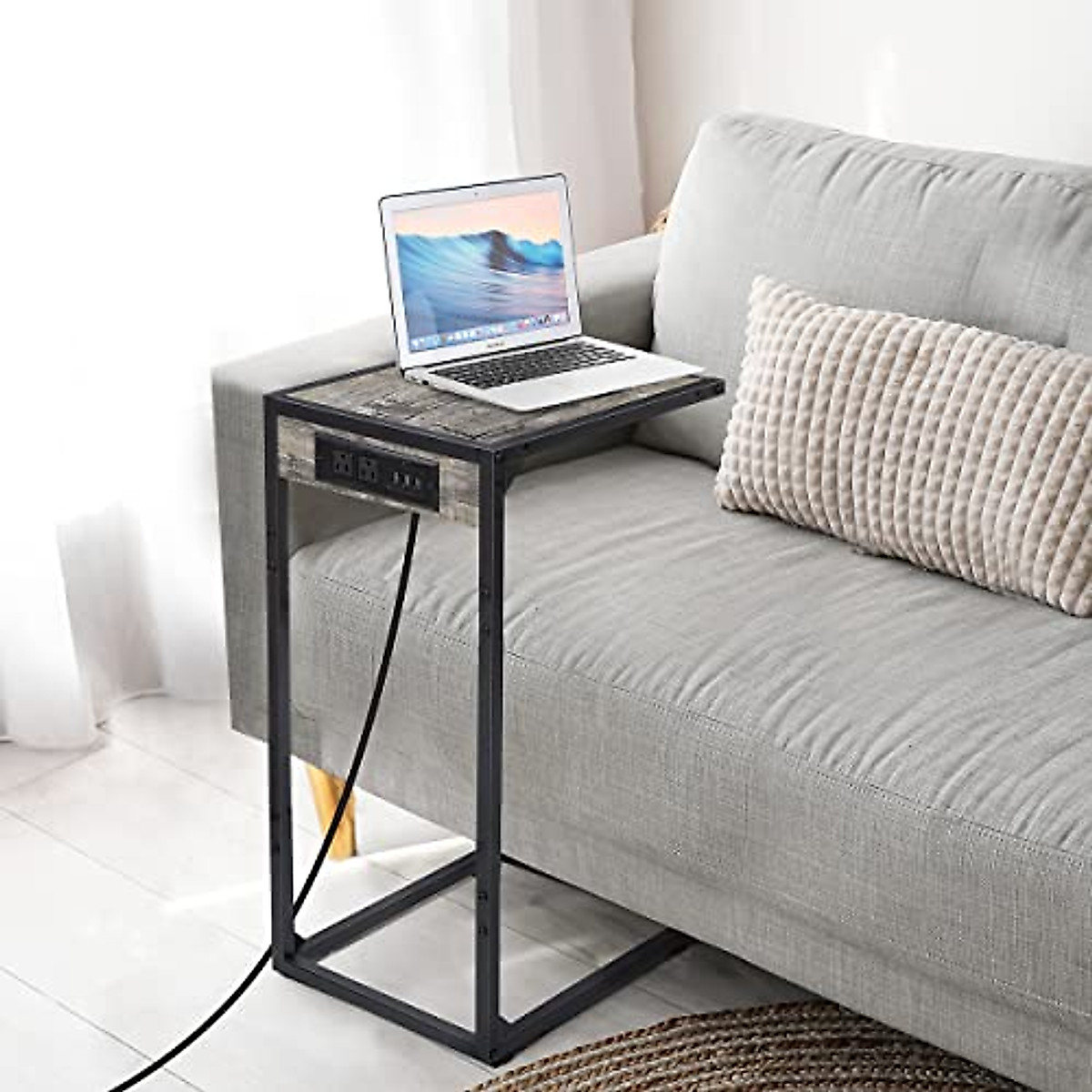 Set of 2 C Shaped End Table with Charging Station, Snack Side Table with Table with USB Ports & Power Outlets, C Tables for Couch, Couch Tables That Slide Under, for Living Room, Bedroom, Gray