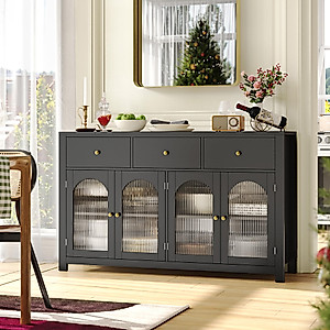 FINETONES Buffet Cabinet with Storage, 55.1" Large Sideboard Buffet Farmhouse Kitchen Cabinet with 3 Drawers and 4 Doors, Wood Coffee Bar for Kitchen, Black