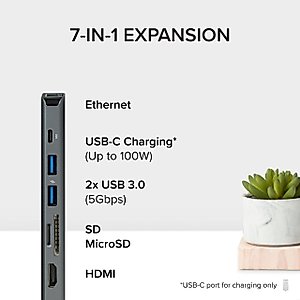 Plugable 7-in-1 USB C Hub Multiport Adapter with Ethernet Driverless Compatibility with Mac, Windows, iPhone 15, Chromebook, USB4, Thunderbolt, 100W Charging, Ethernet, 4K60Hz HDMI, 2X USB, SD/microSD