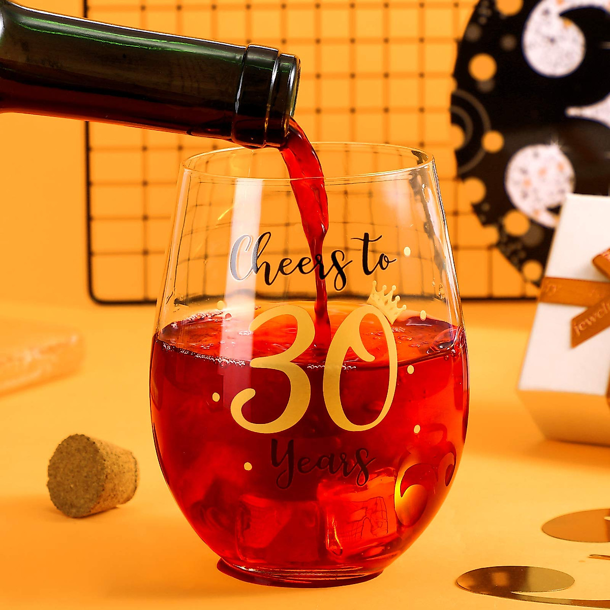 Cheer to 30 Birthday Stemless Wine Glass 30th Birthday Wine Glass Present for Men Women 30th Birthday Party Wedding Anniversary Party Decorations 17 oz