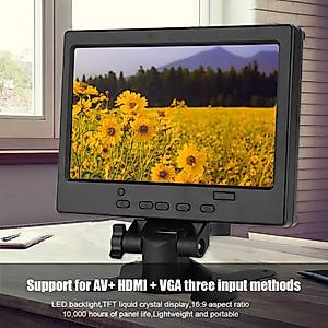 7 inch LCD Monitor, 16:9 800:1 1024x600 250cd/m² LED Backlight Widescreen 1080P HD Monitor Mini Screen w/Speaker,Support HDMI/VGA/AV,for/Car Display/CCTV(US)