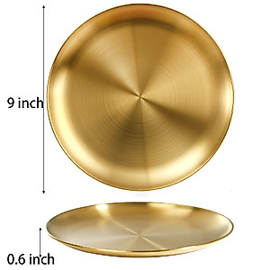 TOPZEA 4 Pack 304 Stainless Steel Dinner Plates, 9 Inch Gold Metal Salad Snack Plate Reusable Kitchen Dinnerware, Food Serving Platter Round Appetizer Dishes for Restaurant, Camping, Picnic